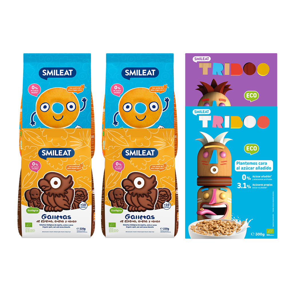 Pack desayuno, compuesto por galletitas y cereales Triboo ecológicos